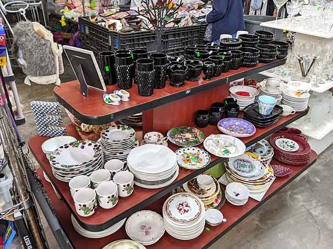 Dishes and glassware multiply across tables like they're preparing for the world's most affordable dinner party.