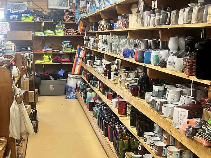 Coffee mugs and kitchen essentials crowd the shelves, turning morning routines into Adirondack celebrations every single day.