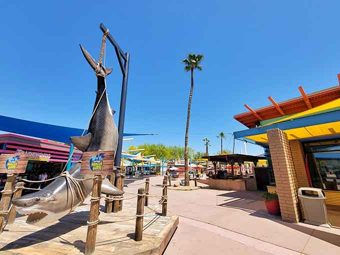 Nothing says "tropical water park" quite like a giant shark statue that's significantly less threatening than actual sharks.