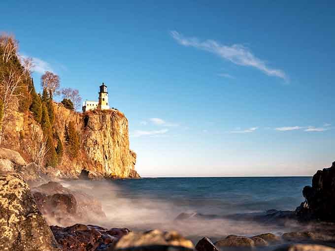 Split Rock Lighthouse stands sentinel in the distance, a North Shore icon watching over these remarkable waters.