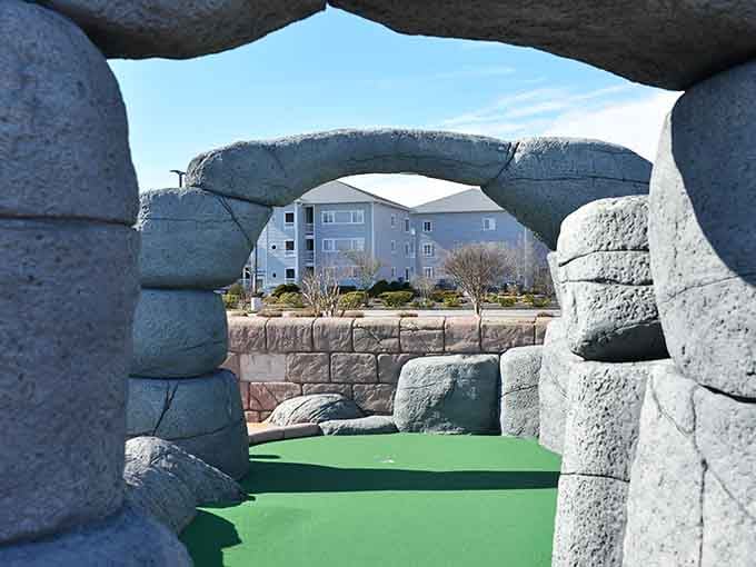 Ancient-looking stone arches frame your shot, adding architectural drama to what should be simple recreation fun.