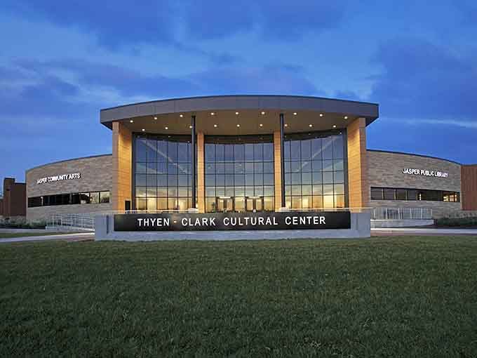 The Thyen-Clark Cultural Center glows at twilight like a beacon for anyone who thinks culture skipped small towns.