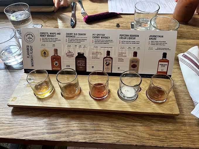 Five whiskeys lined up for tasting is either excellent decision-making or the start of a very interesting afternoon.