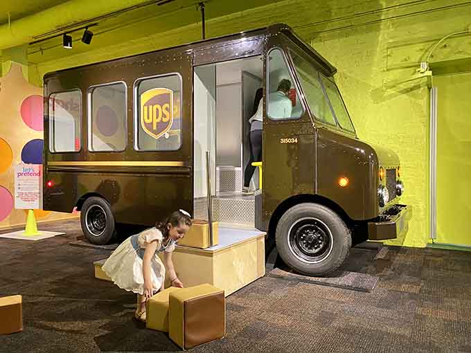 An actual UPS truck sits inside, ready to teach logistics and delivery science to future package-tracking enthusiasts everywhere.