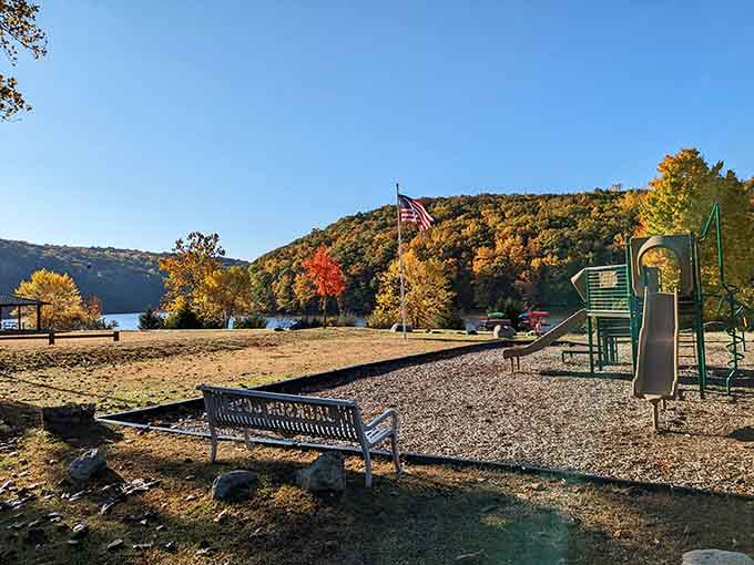 The playground offers lake views that make waiting for your turn on the slide significantly more pleasant than usual.