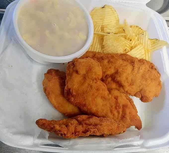 Golden chicken tenders with chips and soup prove that comfort food doesn't need to be complicated.