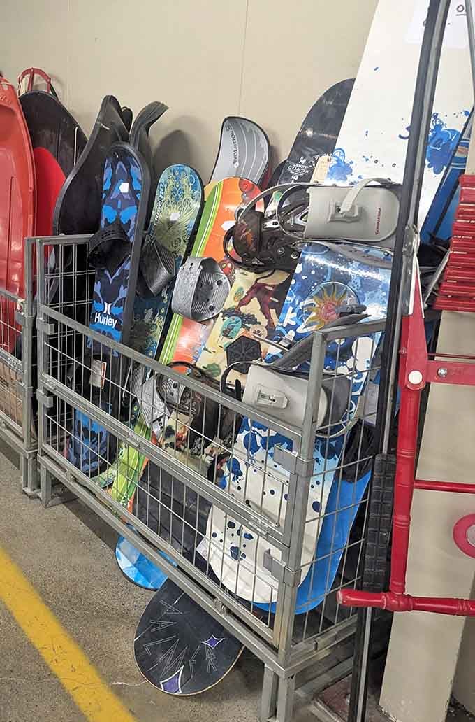 Snowboards waiting for their next adventure on the slopes, because winter sports equipment doesn't have to cost a fortune.