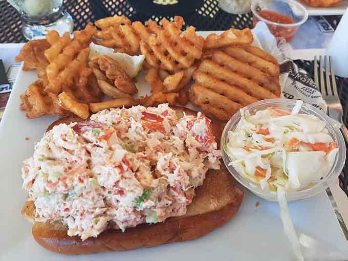 The lobster roll overflows its toasted bun like it's trying to escape, paired with waffle fries for textural contrast.