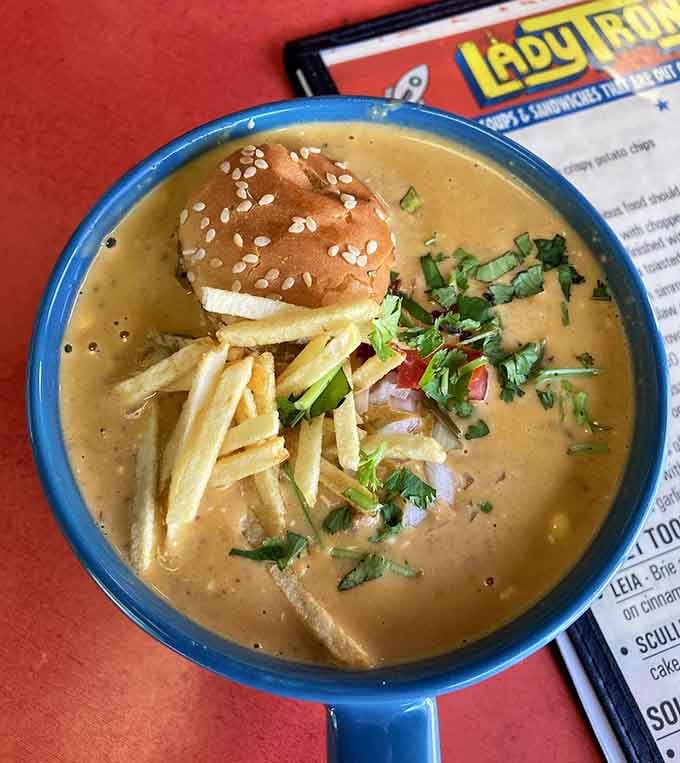 Cheeseburger soup with a pretzel bun floating on top is the kind of genius innovation that changes lives.