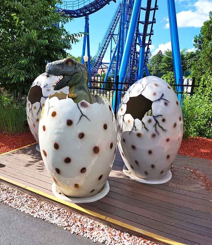 These dinosaur eggs prove that even prehistoric creatures appreciate good amusement park theming and photo opportunities.