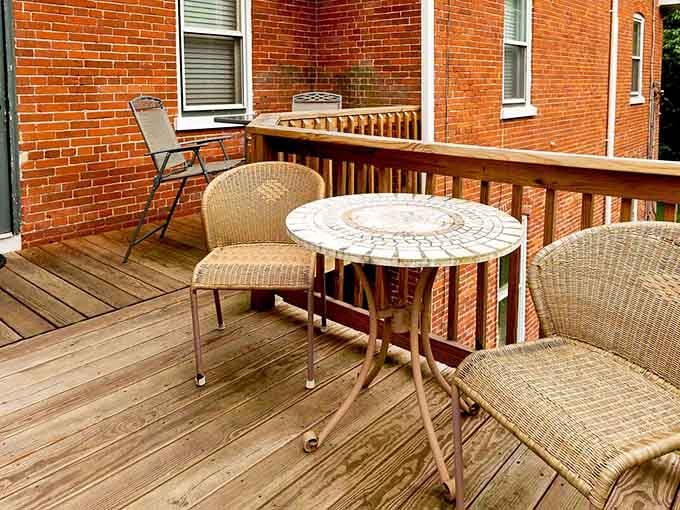 Your private deck overlooks the property, perfect for morning coffee or evening wine with a pastoral backdrop.