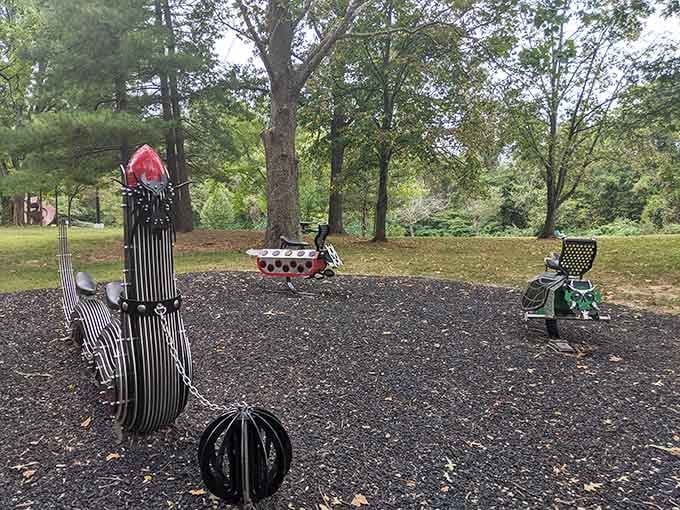 Whimsical figures that look like they escaped from a Tim Burton film and decided to vacation in St. Louis.