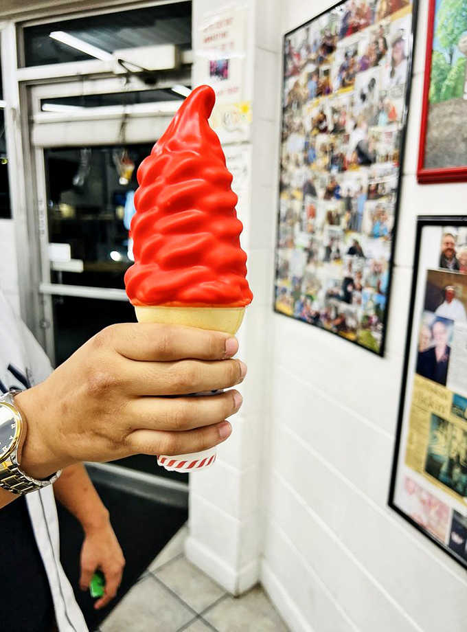 Bright red cherry-dipped soft serve proves that sometimes the most eye-catching treats taste just as good as they look.