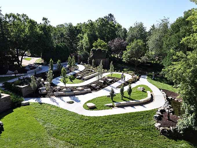 The sculpture garden from above reveals winding paths that invite exploration, not intimidation or pretension at all.