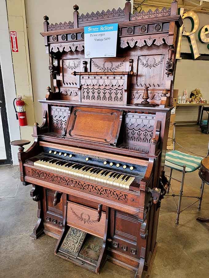 A vintage parlor organ that's fancier than anything you'd find at a regular furniture store, guaranteed conversation starter included.