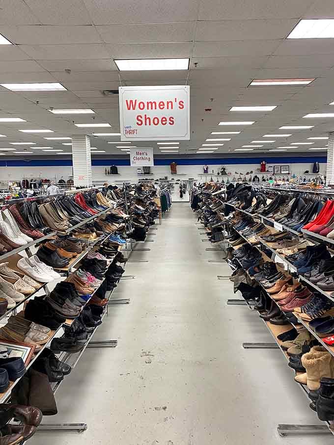 An entire aisle dedicated to women's footwear proves you can never have too many shoe options.