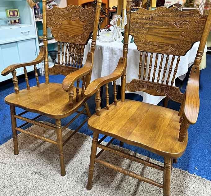 Oak chairs with more character in one spindle than an entire furniture showroom full of particle board pretenders.