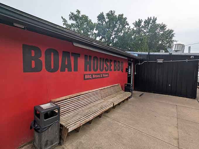 Boat House BBQ's bold red exterior promises smoky goodness that won't smoke your Social Security check.