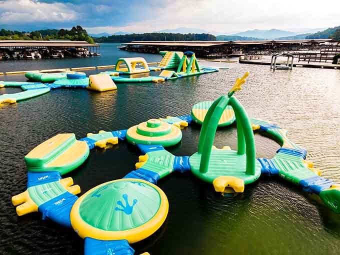 An aerial view reveals the full scope of your floating challenge, where every colorful obstacle has your name on it.