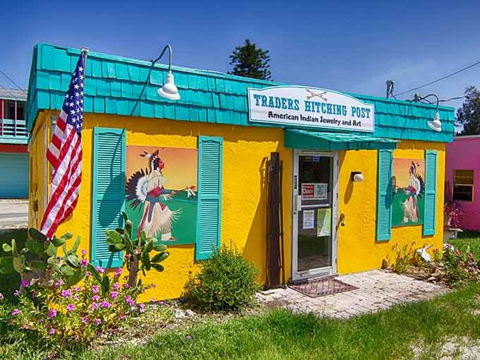 The Trader's Hitching Post wears its colors like a badge of honor in this wonderfully unconventional village.