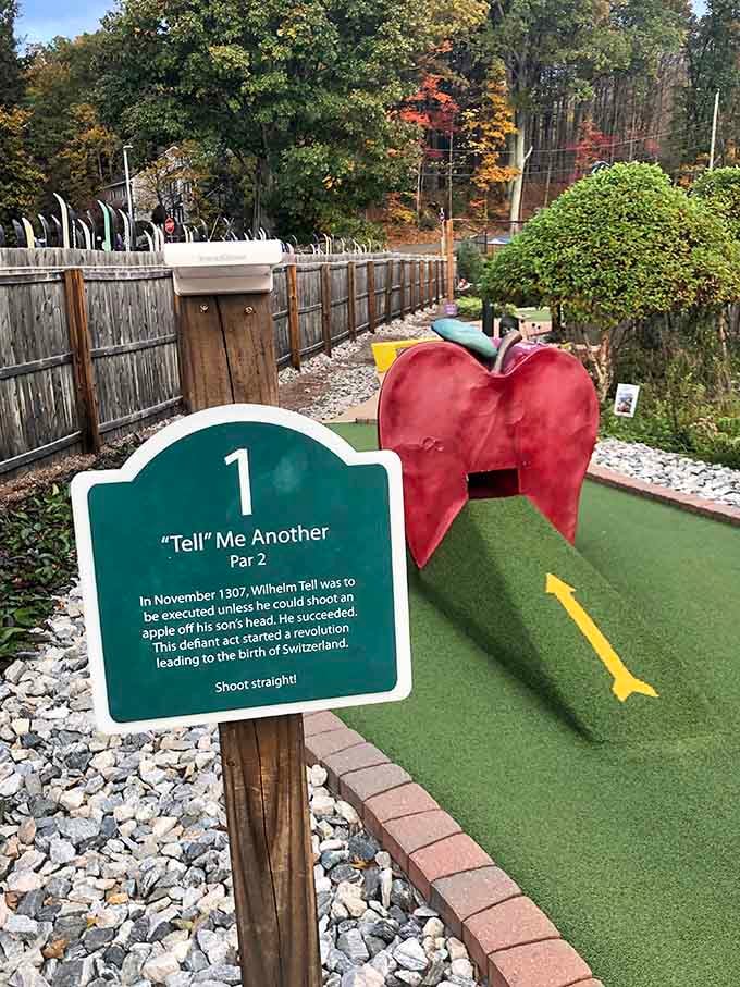 Educational mini golf signs: because learning about Wilhelm Tell beats learning you're losing by twelve strokes.
