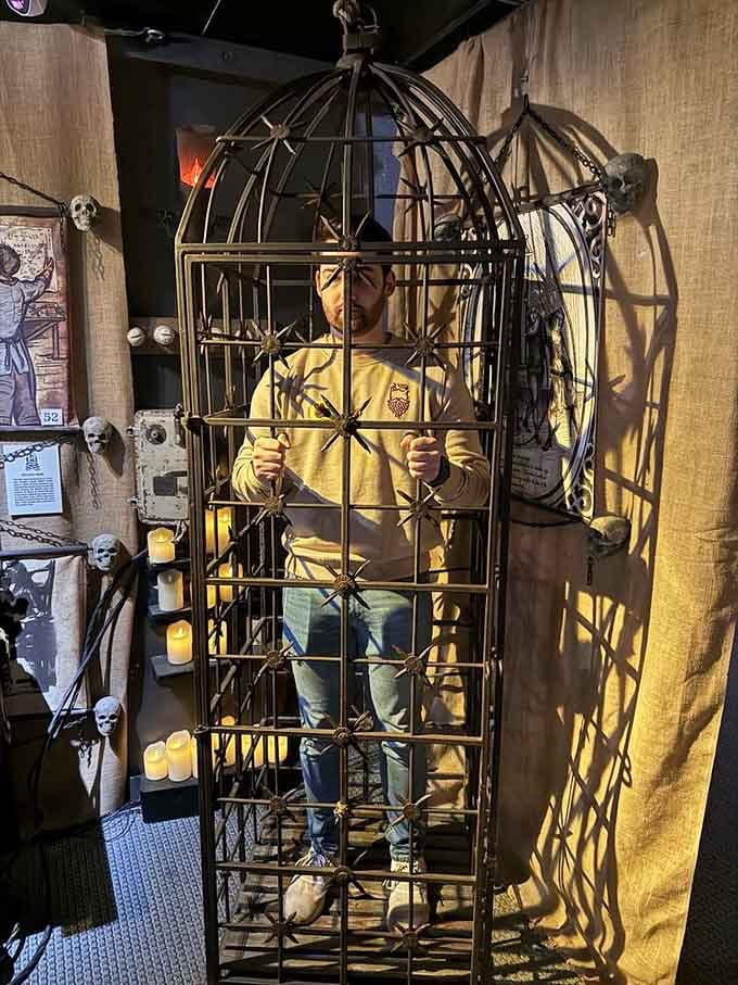 Standing inside this human-sized birdcage really puts your cramped airplane middle seat complaints into proper historical perspective, doesn't it?