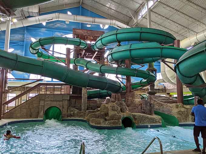 Green slides that twist and turn like a roller coaster designer got really creative after too much coffee.