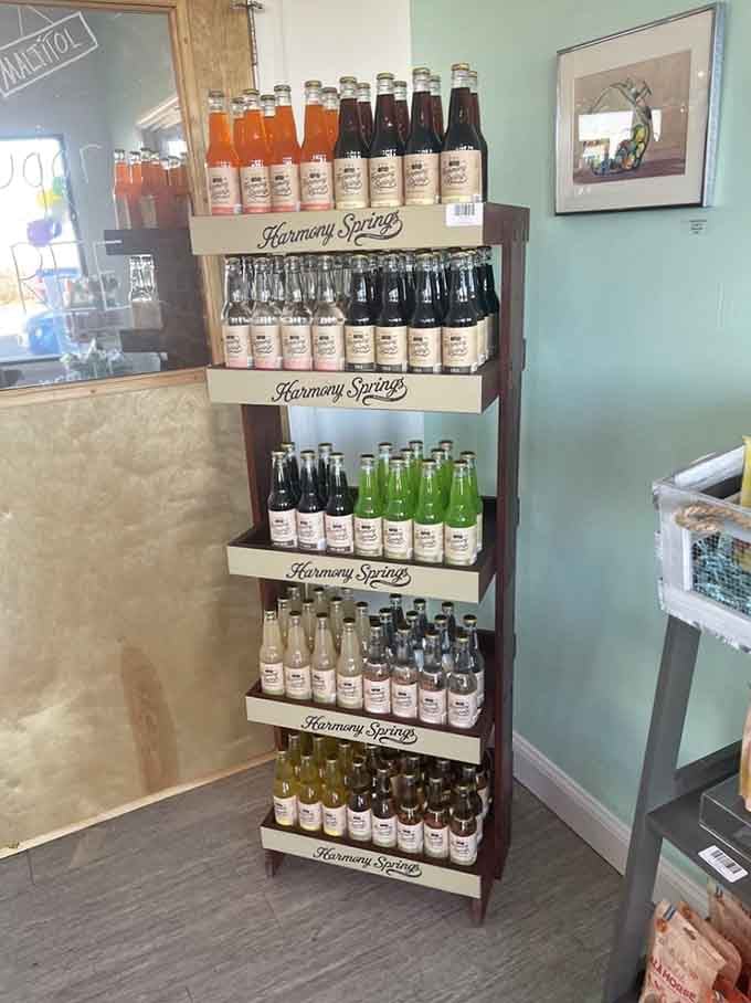 Harmony Springs sodas lined up like liquid nostalgia, ready to transport you back to simpler, sweeter times.