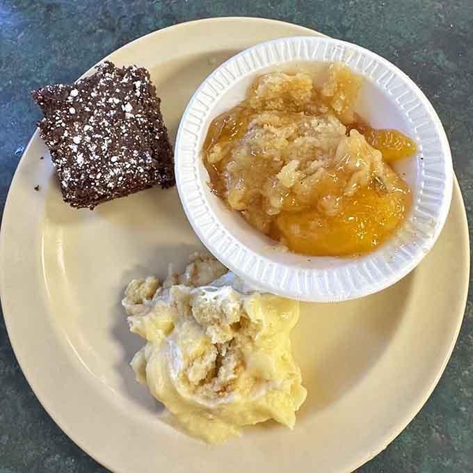 Peach cobbler, banana pudding, and chocolate cake prove that dessert isn't optional, it's absolutely essential here.