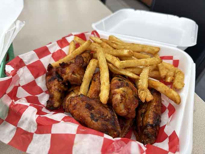 These smoked wings with seasoned fries prove that gas station food has officially entered its renaissance era, friends.