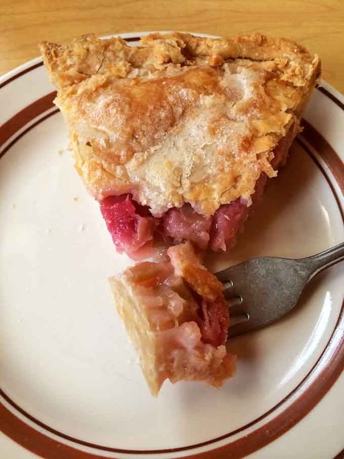 Homemade rhubarb pie with a lattice crust that would make any church bake sale jealous beyond measure.