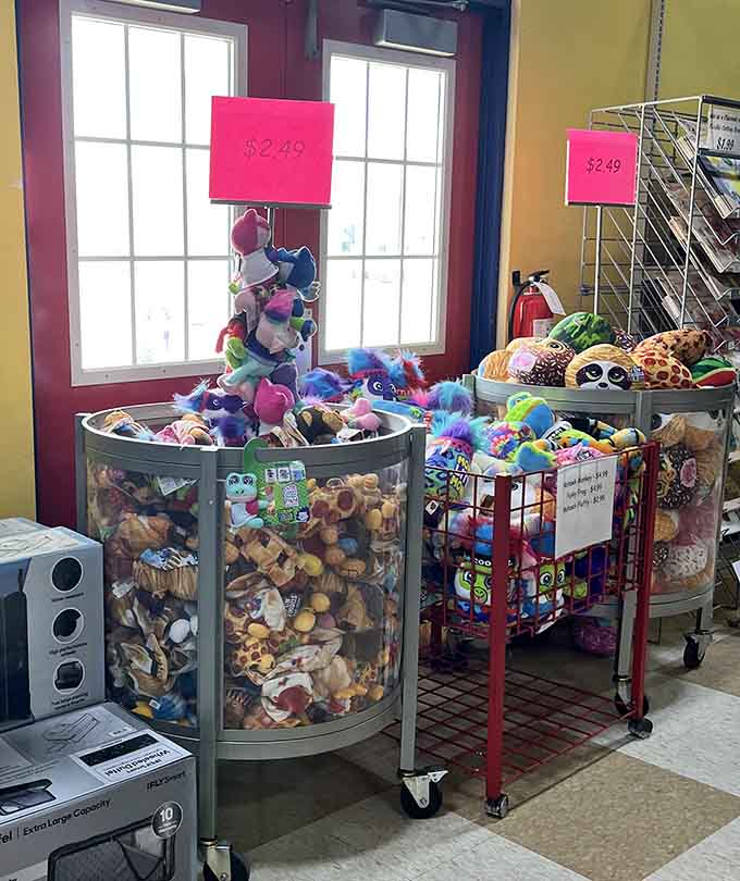 Stuffed animals piled high in bins, ready to become someone's new best friend at prices that make sense.