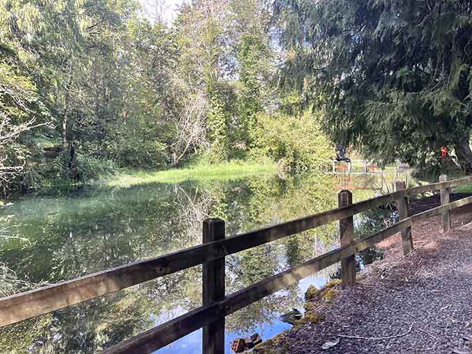 A peaceful pond reflects the surrounding trees, adding natural beauty to complement the mechanical marvels chugging nearby.