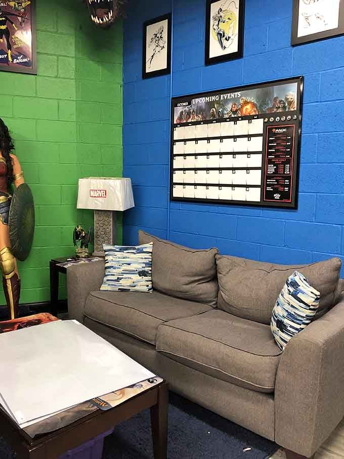 That cozy couch invites you to settle in and plan your next gaming session in comfortable, welcoming style.