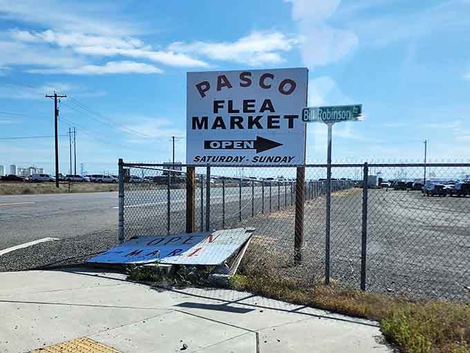 That simple sign pointing the way to Saturday and Sunday bargain paradise, your beacon to weekend shopping bliss.
