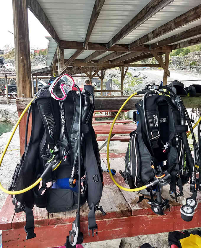 Gear hanging and ready to go, like astronaut suits waiting for their next mission into the deep blue.