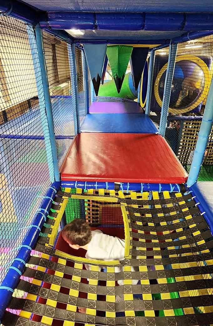 The checkered obstacle course challenges balance and coordination while kids think they're just having the time of their lives.