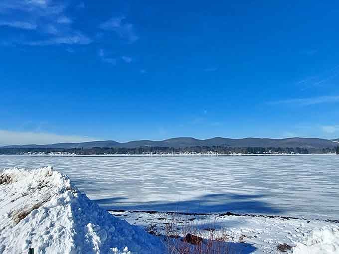 Winter transforms Pontoosuc into a frozen wonderland that looks like it belongs on a holiday card from the 1950s.