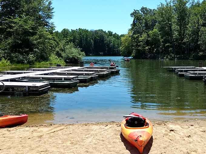 Your kayak adventure awaits on these calm waters, where the only traffic jam involves ducks and lily pads.