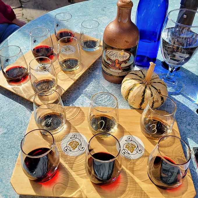 Wine flights on wooden paddles make you feel like a proper sommelier, even if you still can't pronounce Gew&uuml;rztraminer.