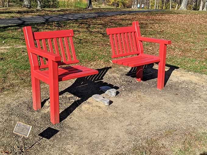 These oversized red chairs invite conversation without the awkward small talk, just peaceful autumn contemplation.