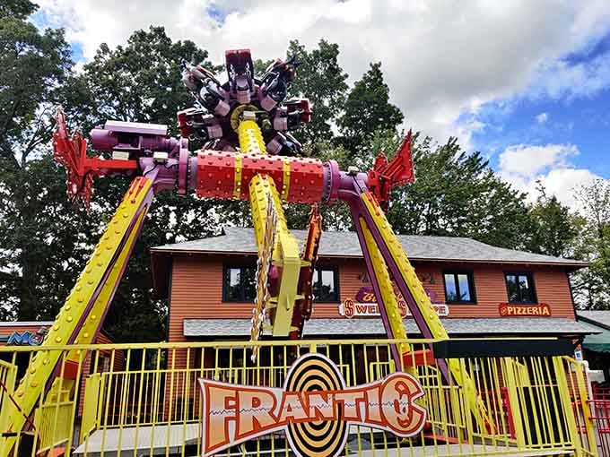 The Frantic lives up to its name, spinning riders in ways that test lunch decisions.