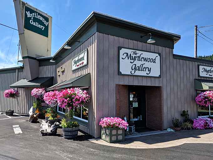 The Myrtlewood Gallery's vibrant flower baskets announce that local craftsmanship and natural beauty go hand in hand around here.