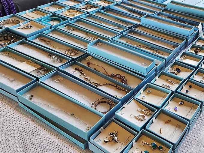Jewelry displays organized with the precision of a museum, minus the "don't touch" signs.