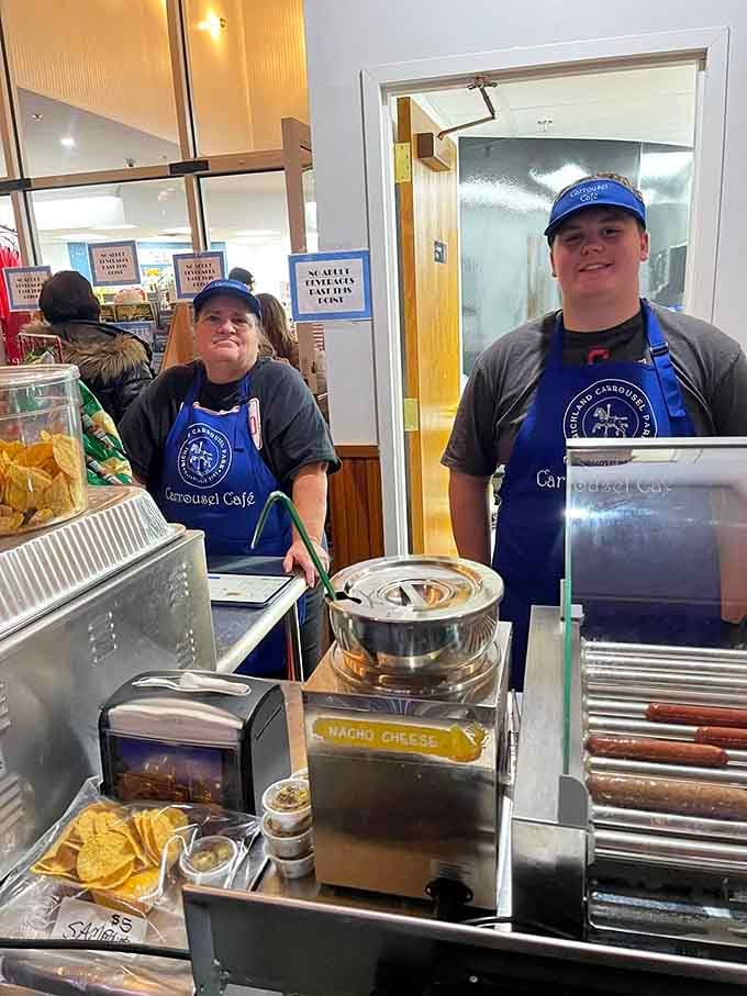 The friendly faces behind the snack counter serve up hot dogs and nostalgia with equal enthusiasm and matching aprons.