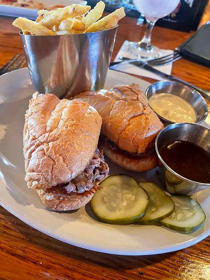Sliders with fries and pickles, the kind of casual perfection that makes lunchtime feel special.