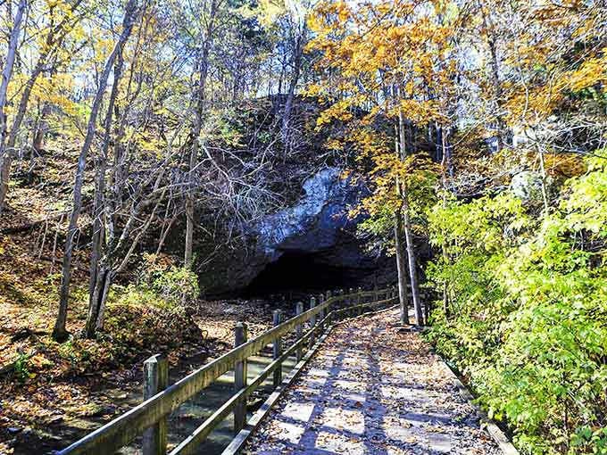 The boardwalk to Devil's Icebox, where cool caves meet warm autumn vibes in perfect harmony.
