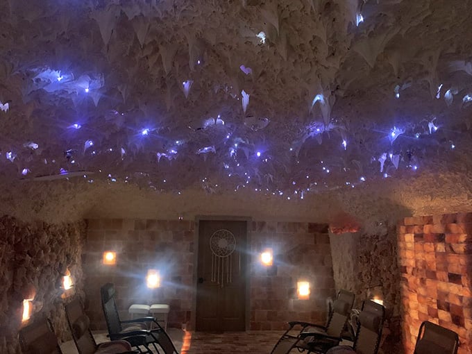 The ceiling sparkles like a starry night, creating an atmosphere that's pure meditation meets magic.