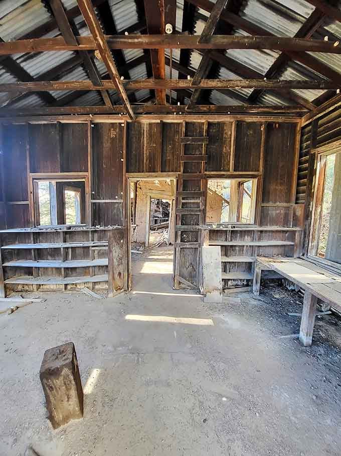 Skeletal beams frame empty sky where roofs once sheltered dreams, creating geometric patterns that time has accidentally perfected.