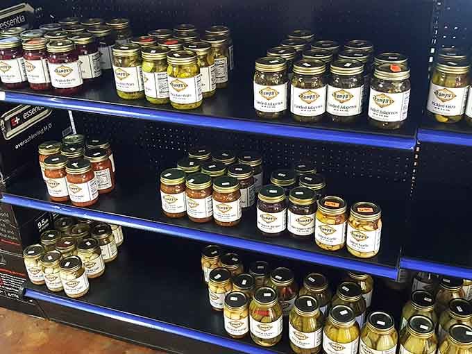 Shelves of jarred goods add a touch of homemade charm to your fuel stop shopping experience.
